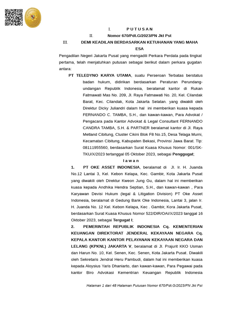 Putusan 670 PDT.G 2023 PN JKT - PST 20240619153853 | PDF