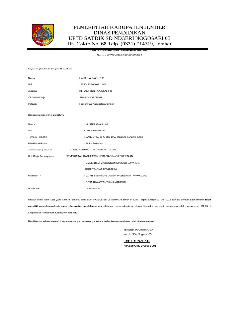 Suket Pengalaman Kerja Amel | PDF