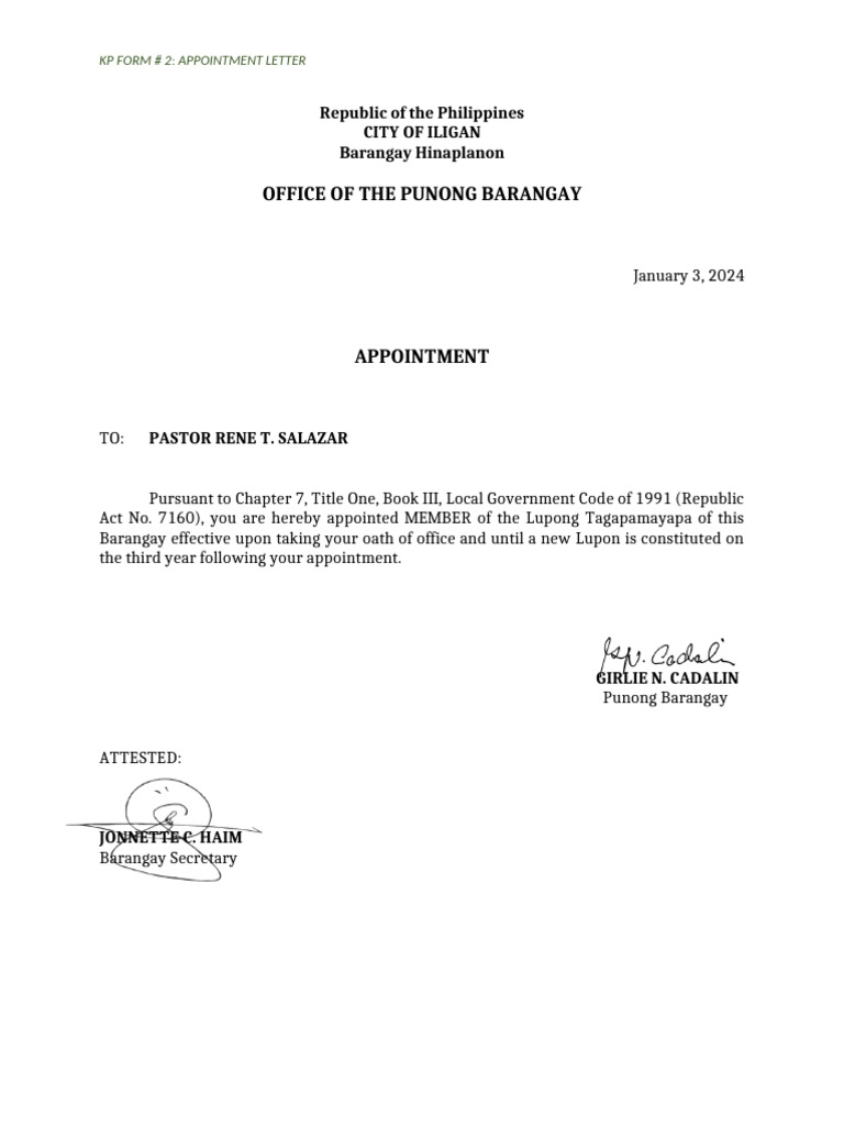 KP Form #2 - Appointment Letter | PDF | Justice | Crime & Violence