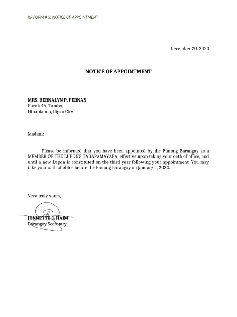 Notice of Appointment for Lupon Members | PDF