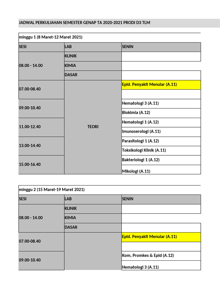 Jadwal Kuliah D3 TLM Genap 2020-2021 | PDF