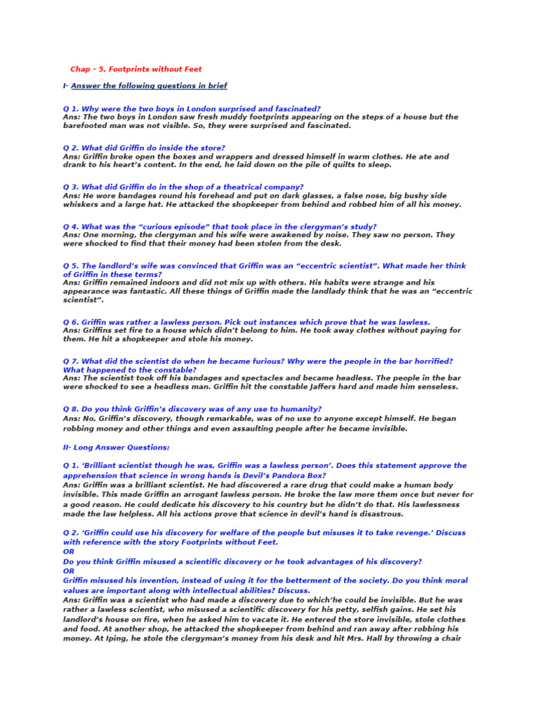 Chap - 5 Footprints Without Feet Q & A | PDF