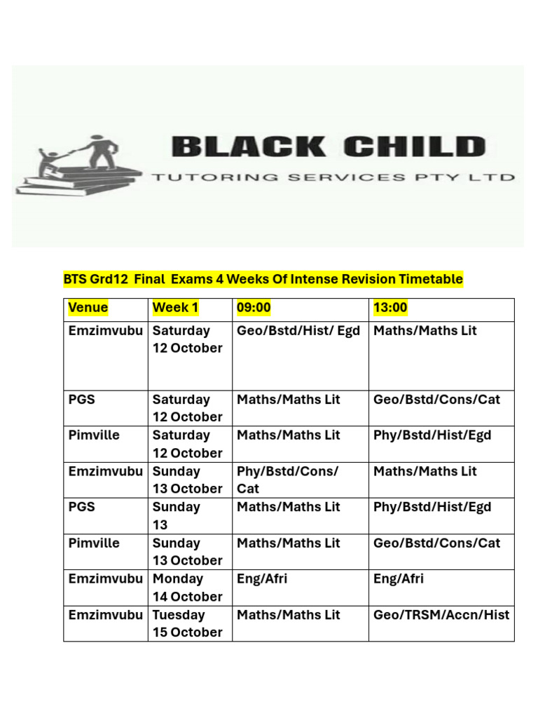 BTS Grd12 Intense Revision Timetable 2024 | PDF