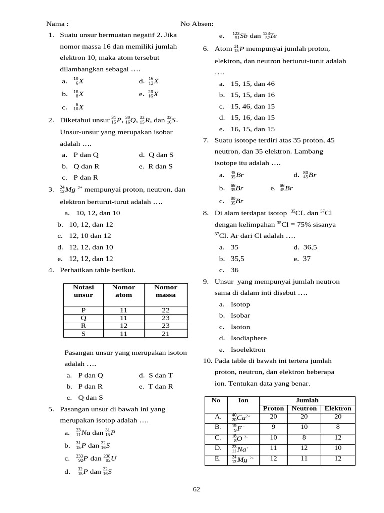 Latihan Soal Isotop, Isobar, Isoton | PDF