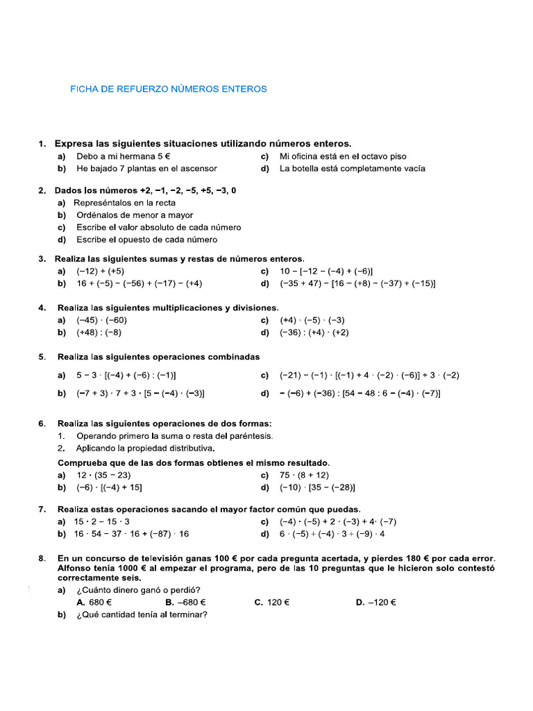 Ficha Refuerzo Enteros | PDF