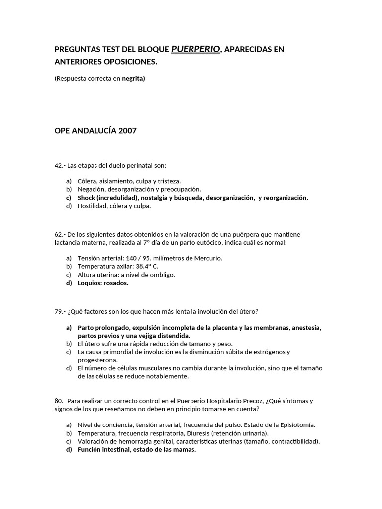Preguntas Puerperio Opes Anteriores Matrona | PDF | Parto | Periodo posparto