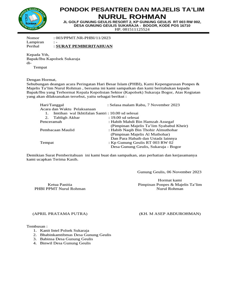Pemberitahuan Acara PHBI Nurul Rohman | PDF