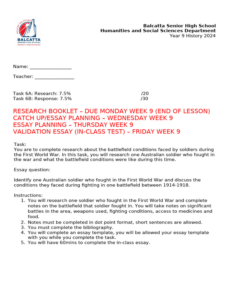 Year 9 History Research 2024 | PDF | Argument | Critical Thinking