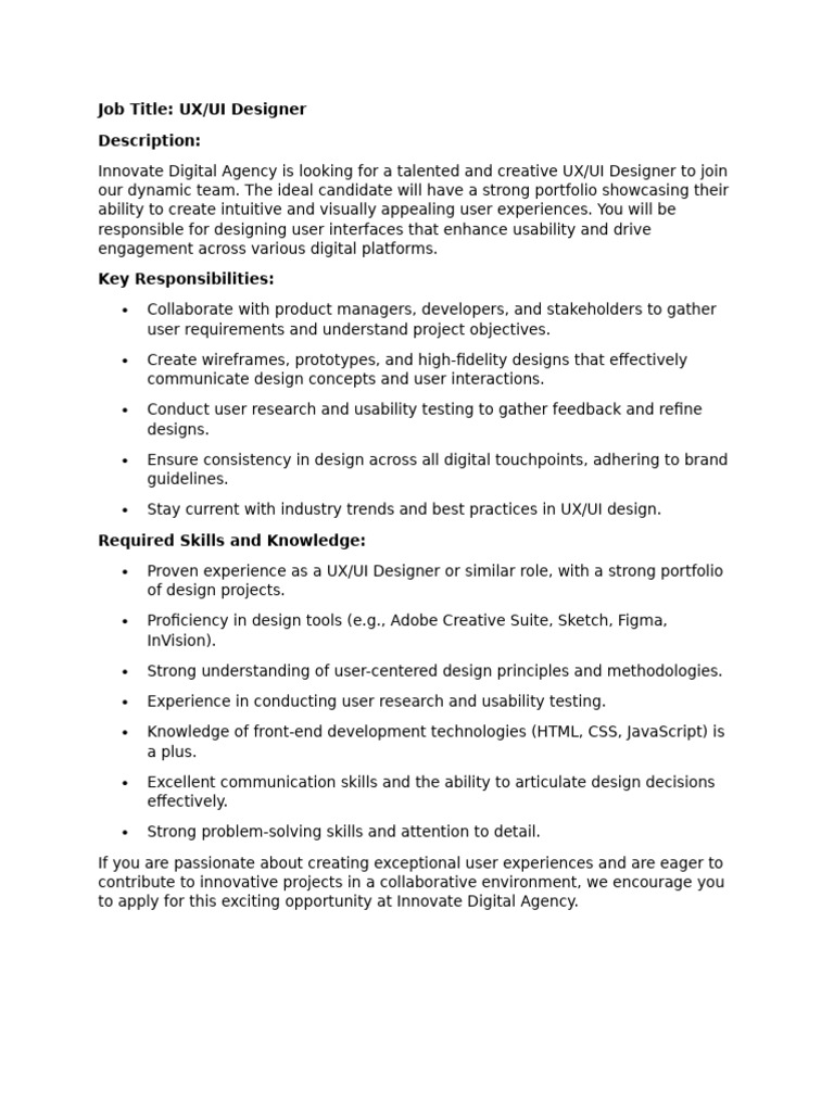 UX/UI Designer Job at Innovate Digital Agency | PDF