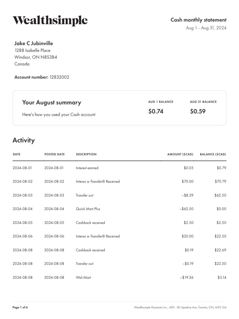 Wealthsimple Cash Statement August 2024 | PDF | Credit Card | Business