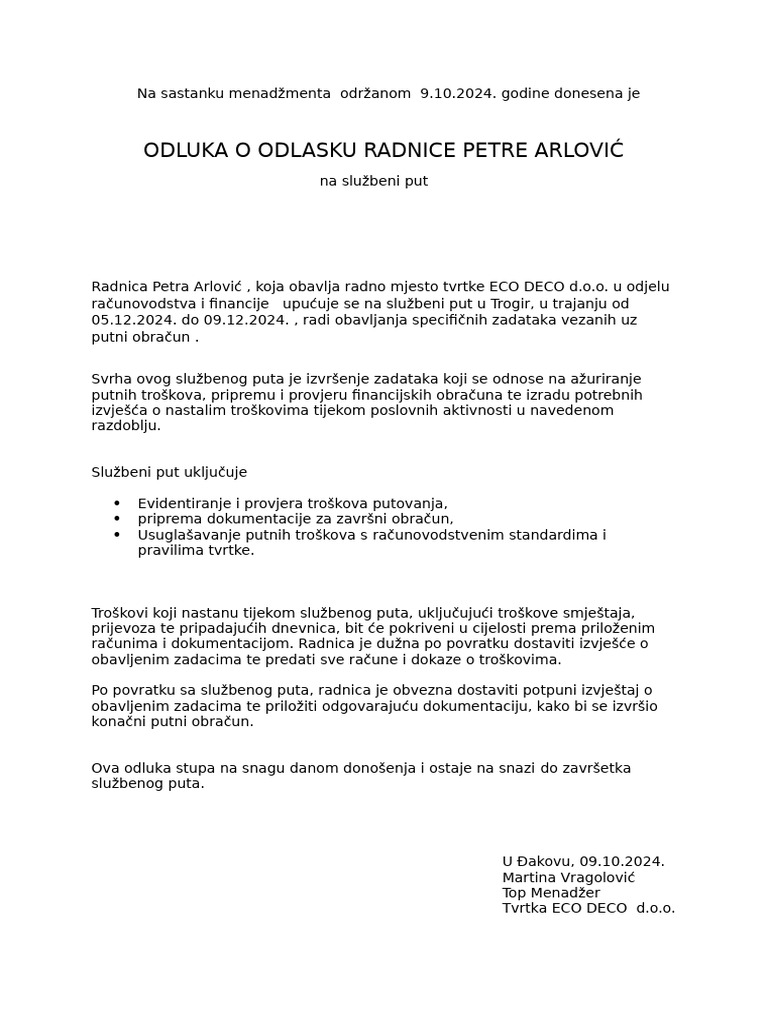 Odluka Za Službeni Put | PDF