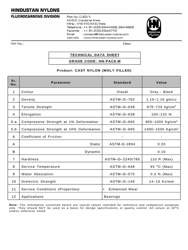 Cast Nylon Technical Data Sheet | PDF | Technology & Engineering