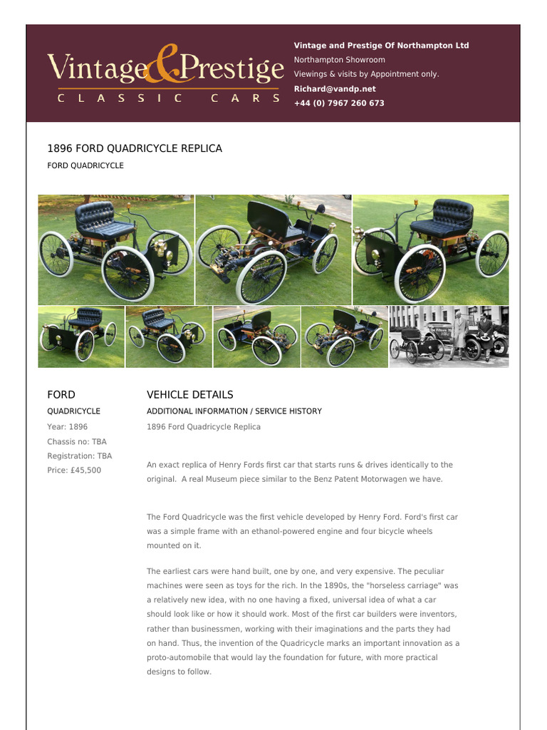 1896 Ford Quadricycle Replica | PDF | Ford Motor Company | Land Vehicles