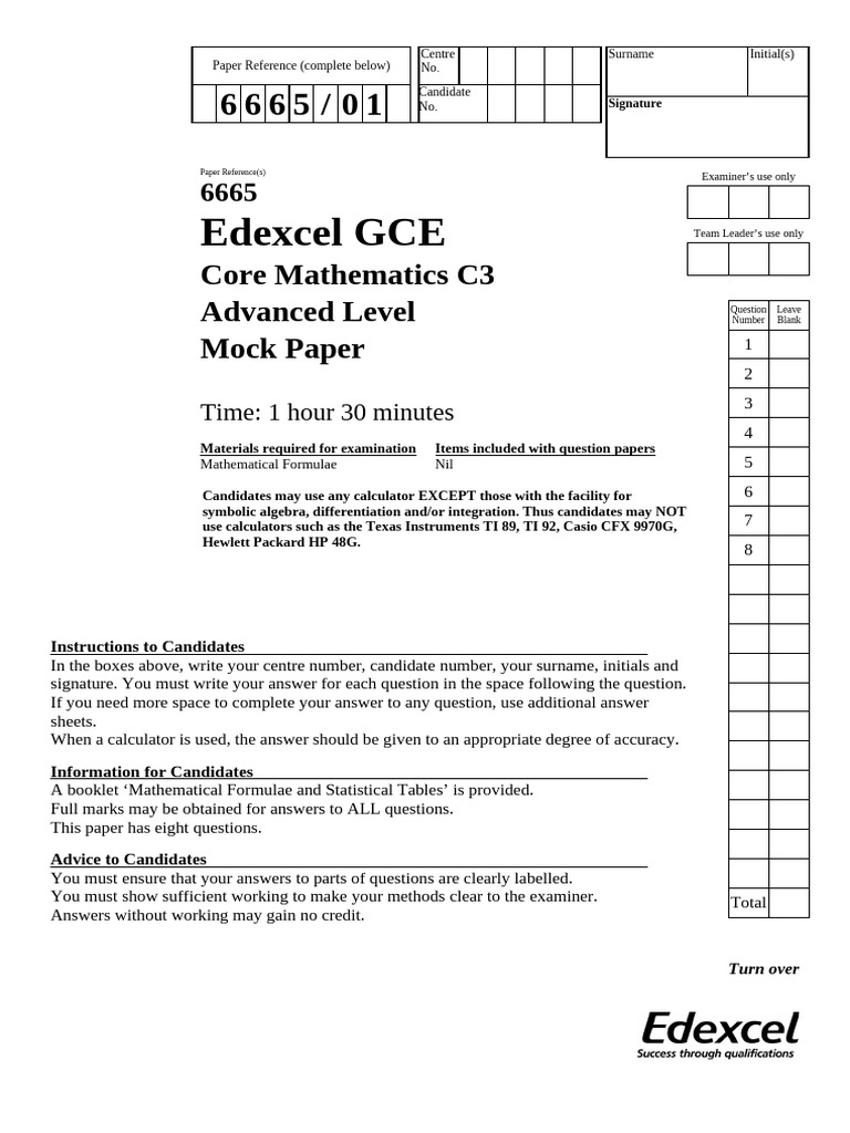 815 - 05 Core Mathematics C3 Mock Paper | PDF | Asymptote | Calculator