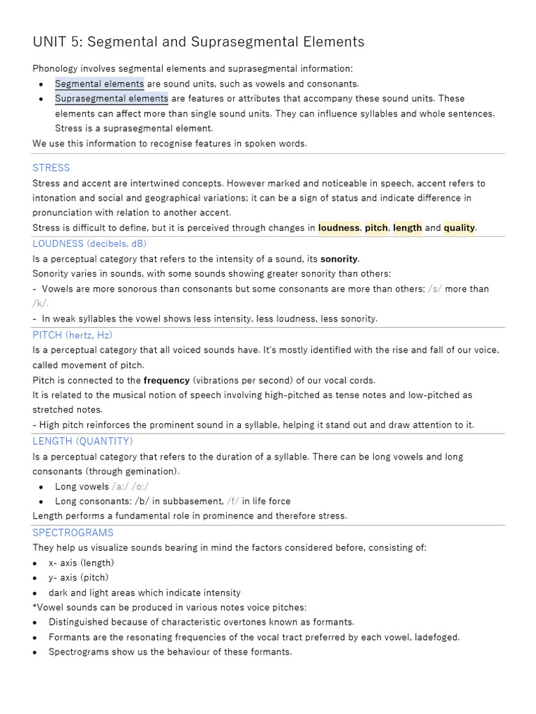 Unit 5. Segmental and Suprasegmental Elements | PDF | Syllable | Stress (Linguistics)