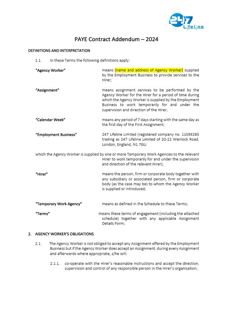 247 Lifeline - PAYE Contract Addendum 2024 | PDF | Employment ...