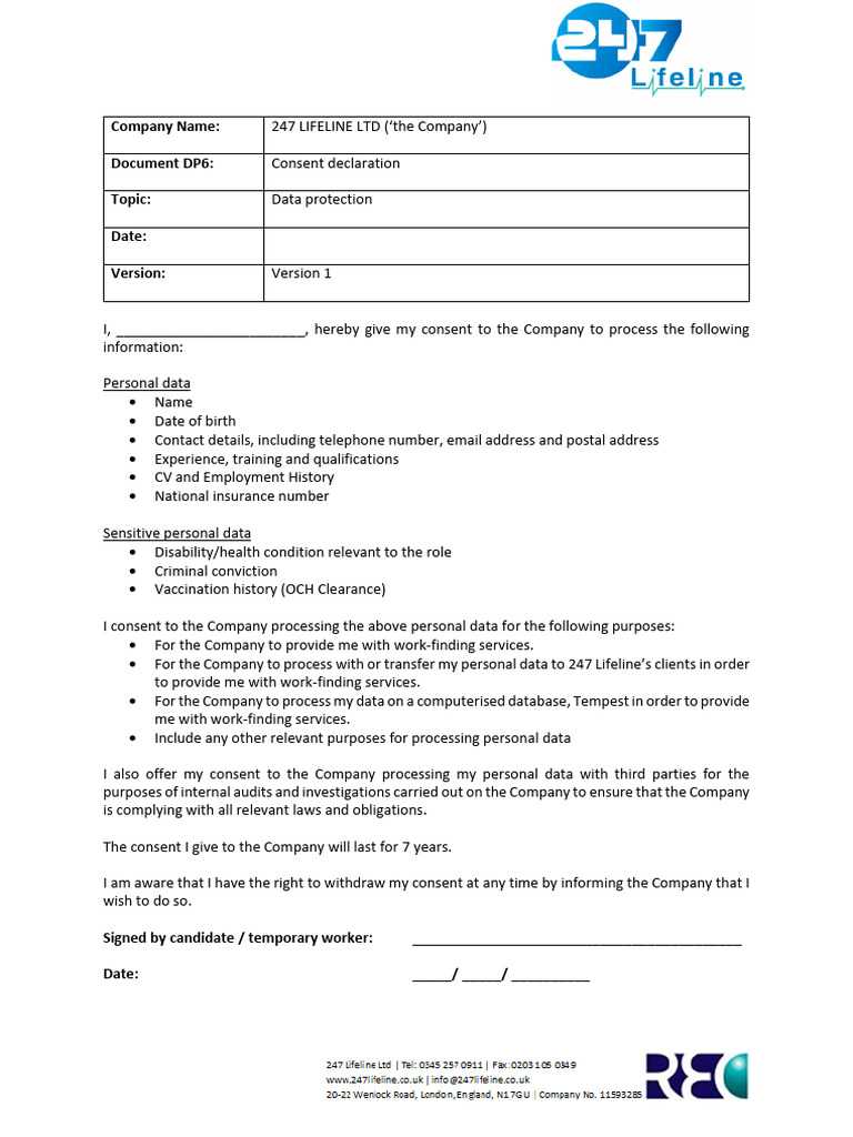247 Lifeline - GDPR Consent Form | PDF