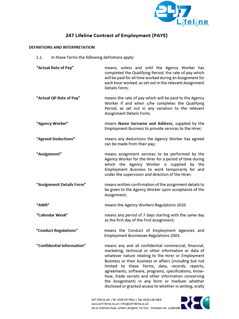 247 Lifeline Paye Contract | PDF | Employment | Annual Leave