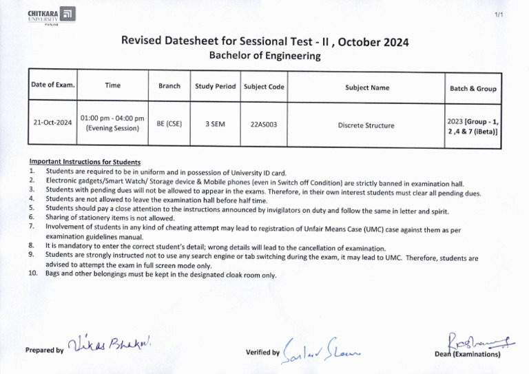 Circular 20241017154937 Revised Datesheet Be (Cse) For Sessional Test ...