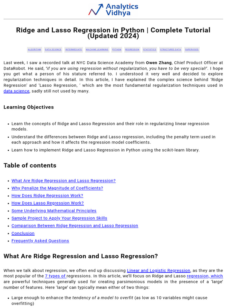 Ridge and Lasso Regression in Python | PDF | Regression Analysis ...