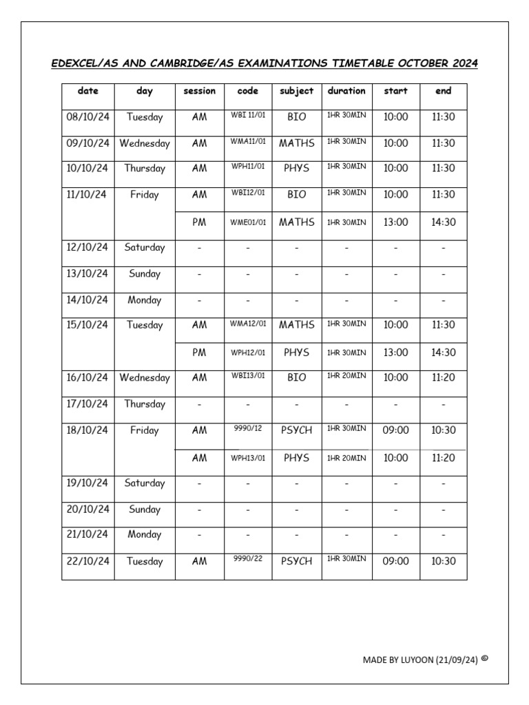 As Exam Timetable | PDF