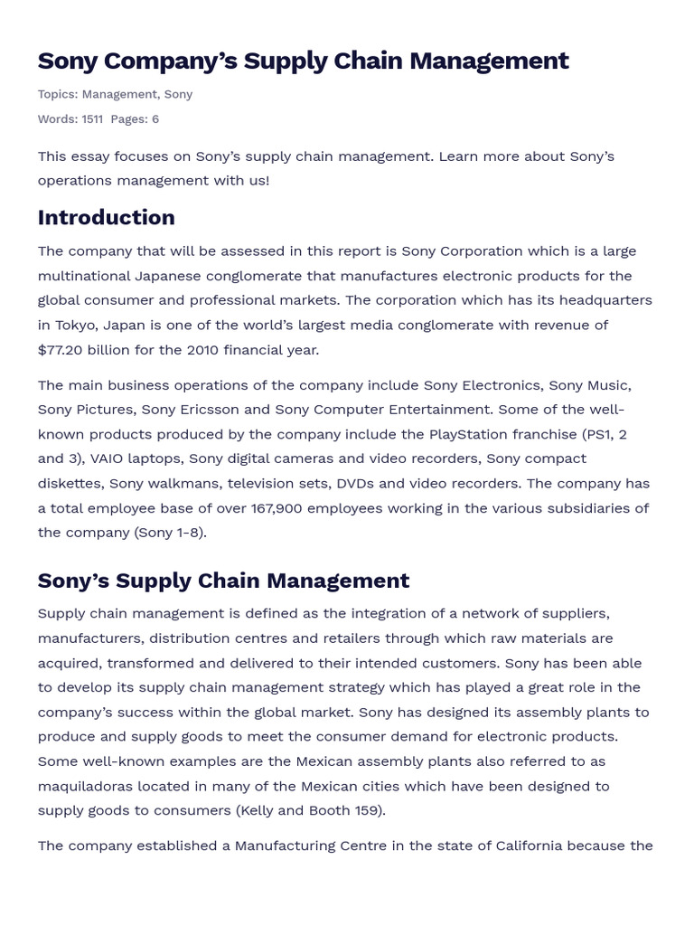 Sony's Supply Chain Management - Free Essay Example | PDF | Sony | Play ...