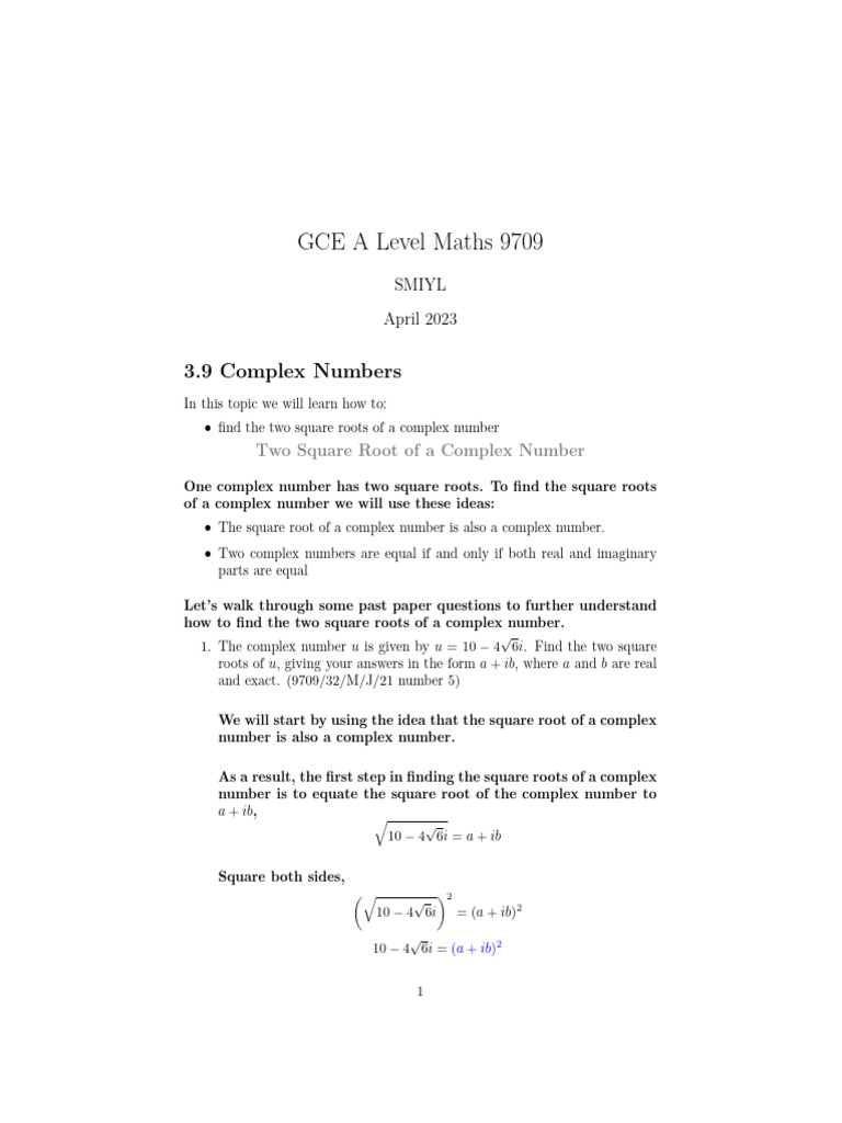 GCE A Level Complex Numbers Two Square Roots of A Complex Number | PDF | Complex Number | Numbers