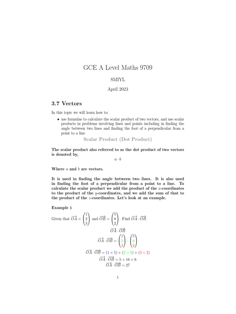 GCE A Level Vectors Angle Between Two Lines and Foot of The ...