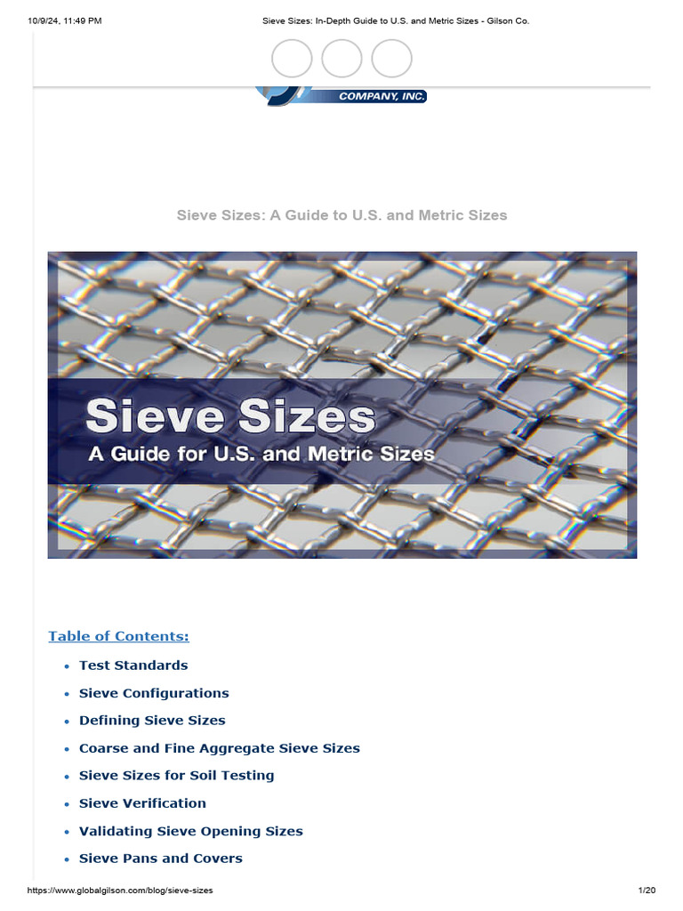 Sieve Sizes - In-Depth Guide To U.S. and Metric Sizes - Gilson Co | PDF