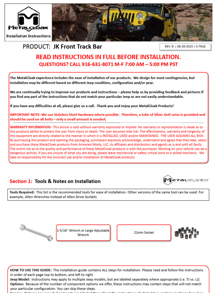 II 7016 JK Front Durotrak Track Bar Installation Instructions | PDF | Axle | Automotive Technologies