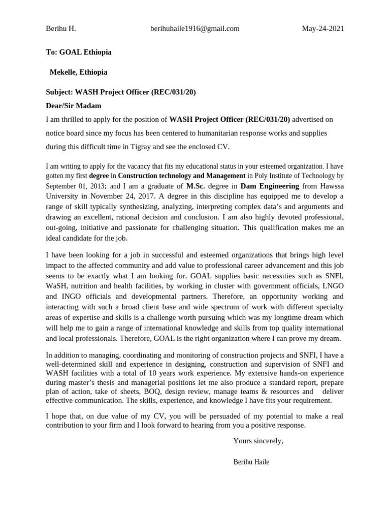 Application Letter To Goal | PDF