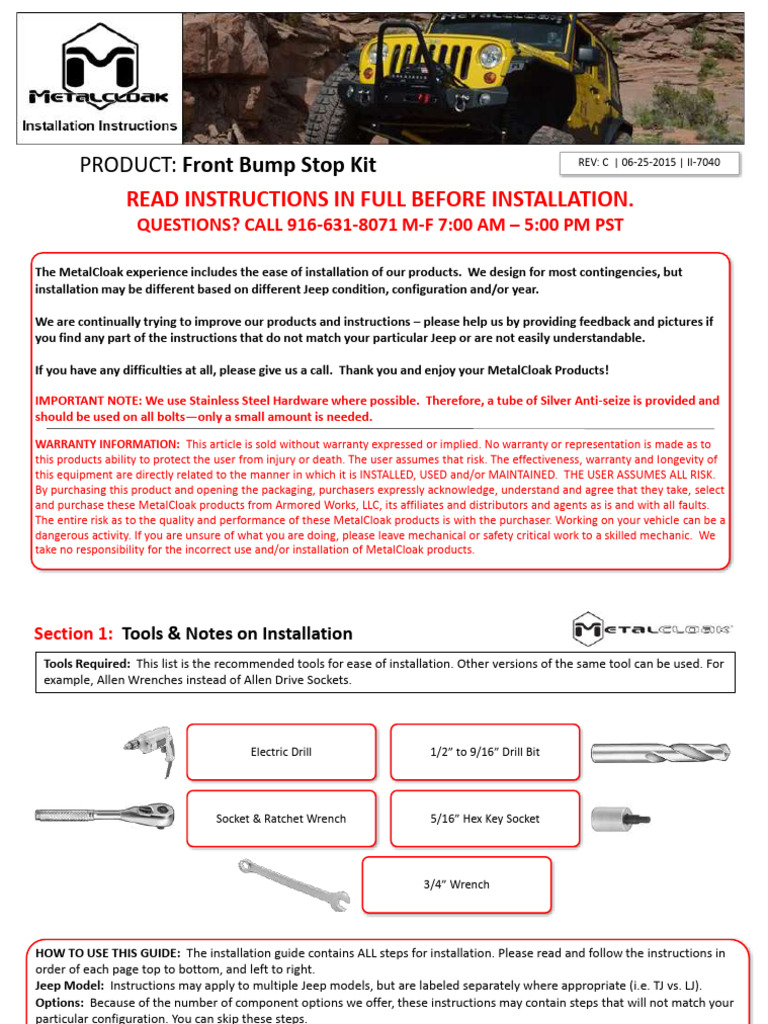 II 7040 Front Adjustable Bump Stop System Installation Instructions ...