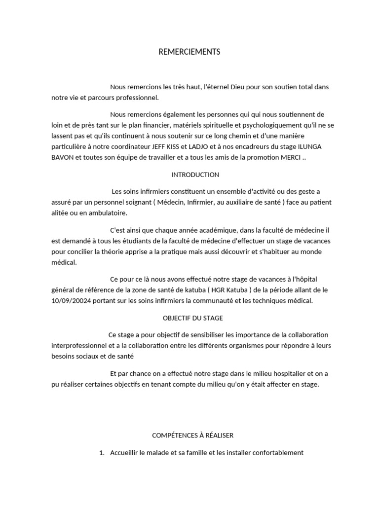 Rapport de Stage en Soins Infirmiers | PDF
