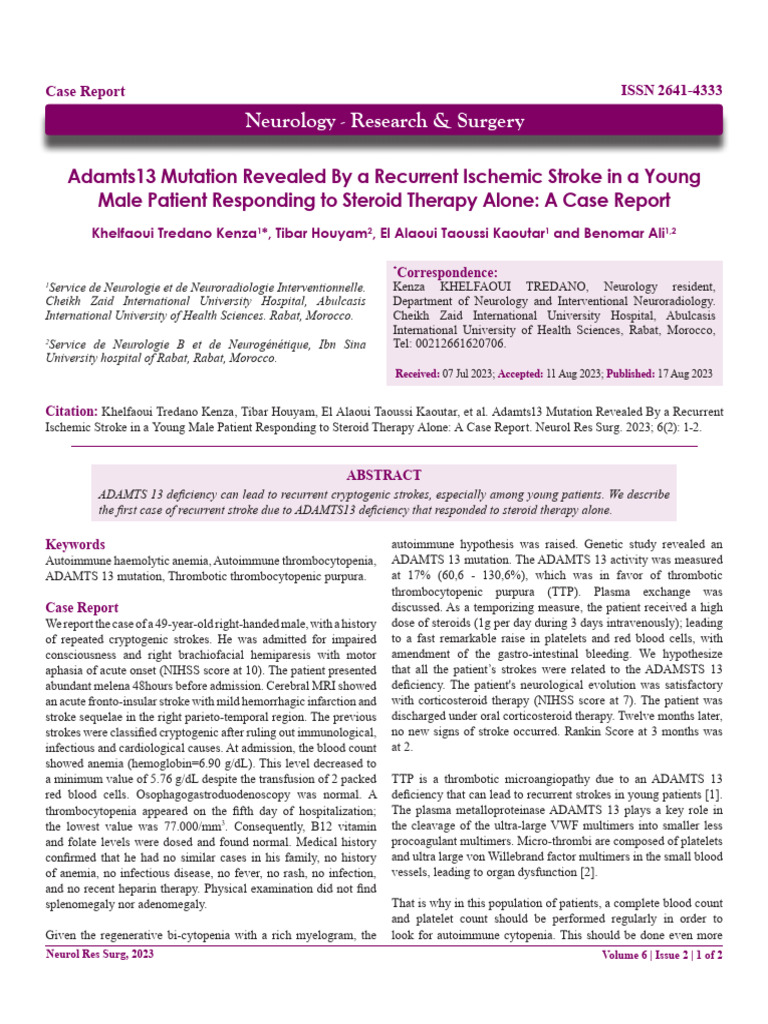 Adamts13 Mutation Revealed by A Recurrent Ischemic Stroke in A Young ...