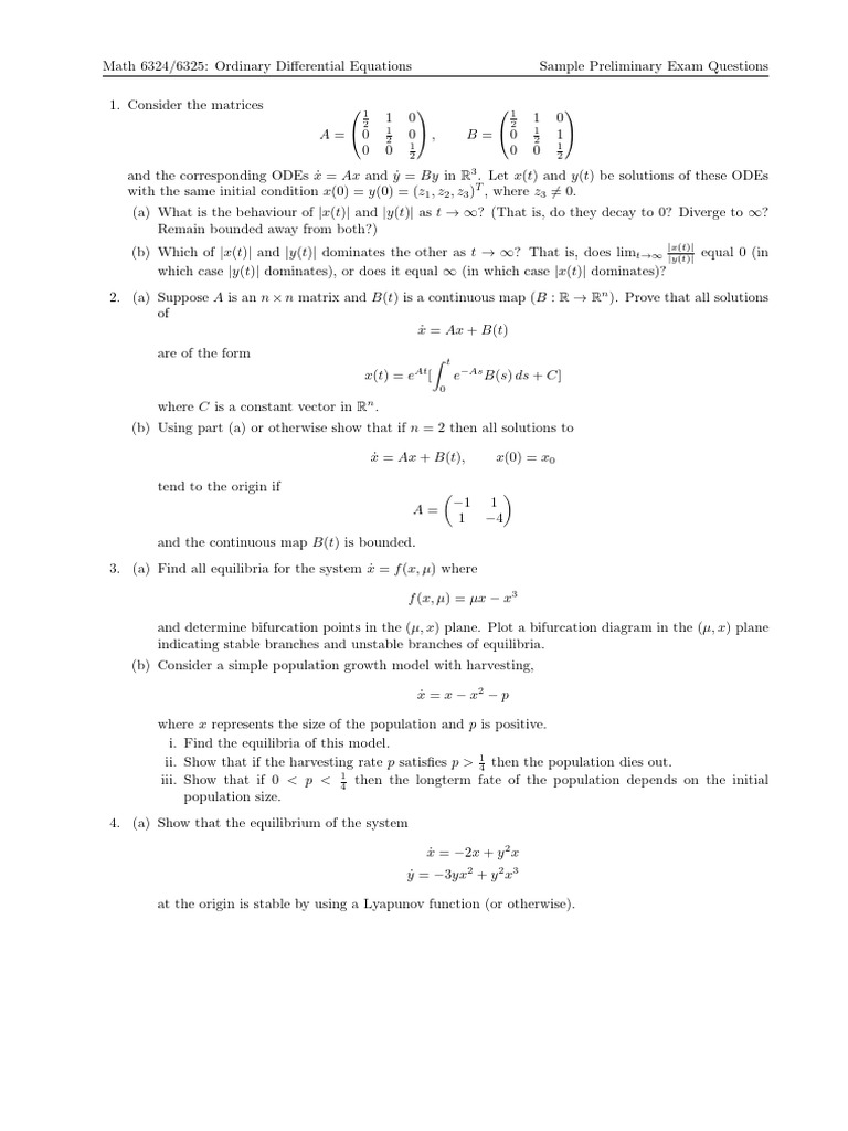 1 ODE Prelim SampleProblems | PDF | Matrix (Mathematics) | Ordinary ...