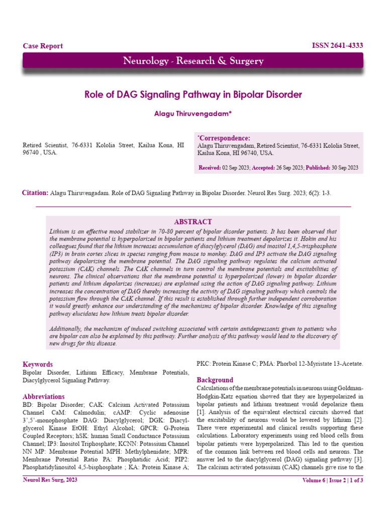 Role of DAG Signaling Pathway in Bipolar Disorder | PDF | Signal ...