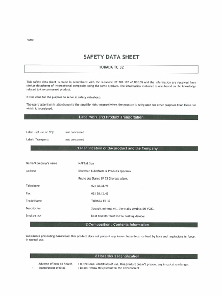 MSDS Torada TC32 Hot Oil | PDF