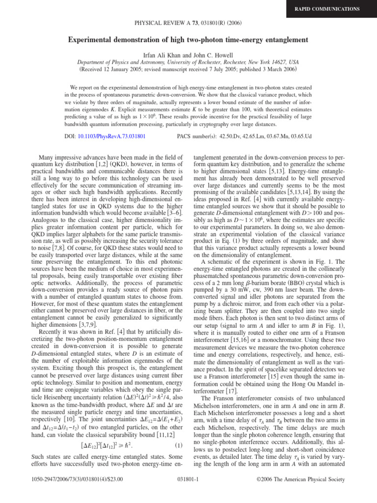 Experimental Demonstration of High Two-Photon Time-Energy Entanglement ...