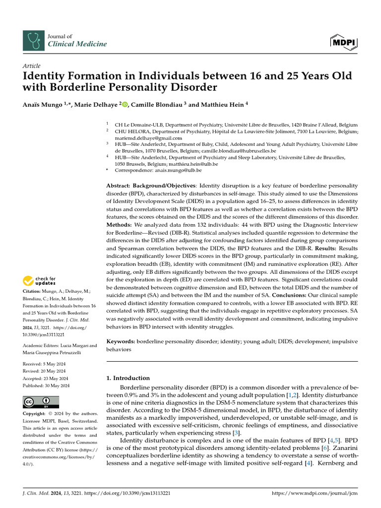 JCM 13 03221 | PDF | Borderline Personality Disorder | Identity (Social ...
