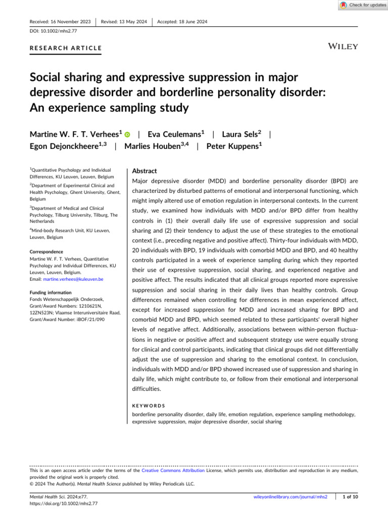 Mental Health Science - 2024 - Verhees - Social Sharing and Expressive Suppression in Major ...