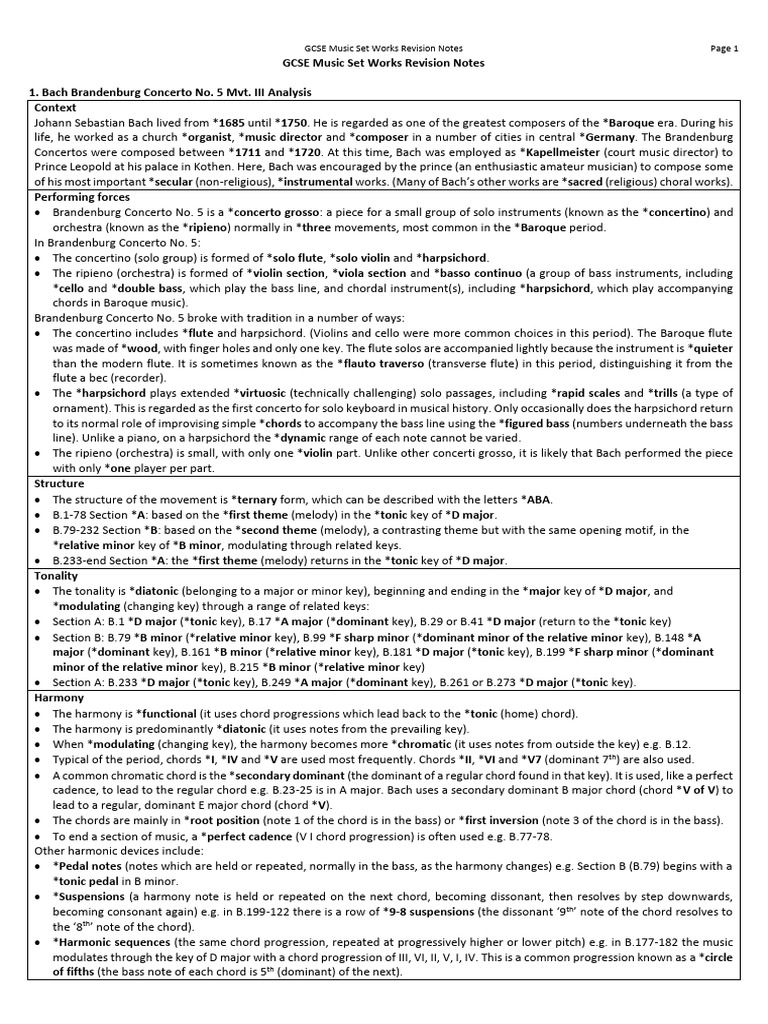 GCSE Music Set Works Revision Notes | PDF | Chord (Music) | Concerto