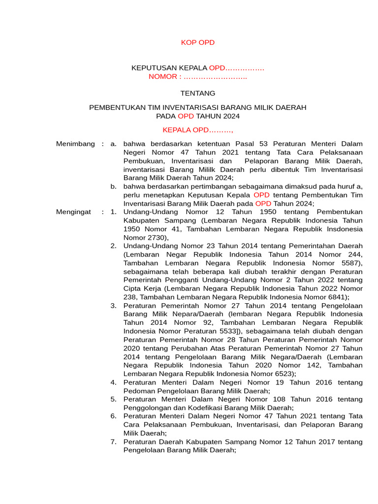 Contoh SK Tim Inventarisasi OPD Form Awal | PDF