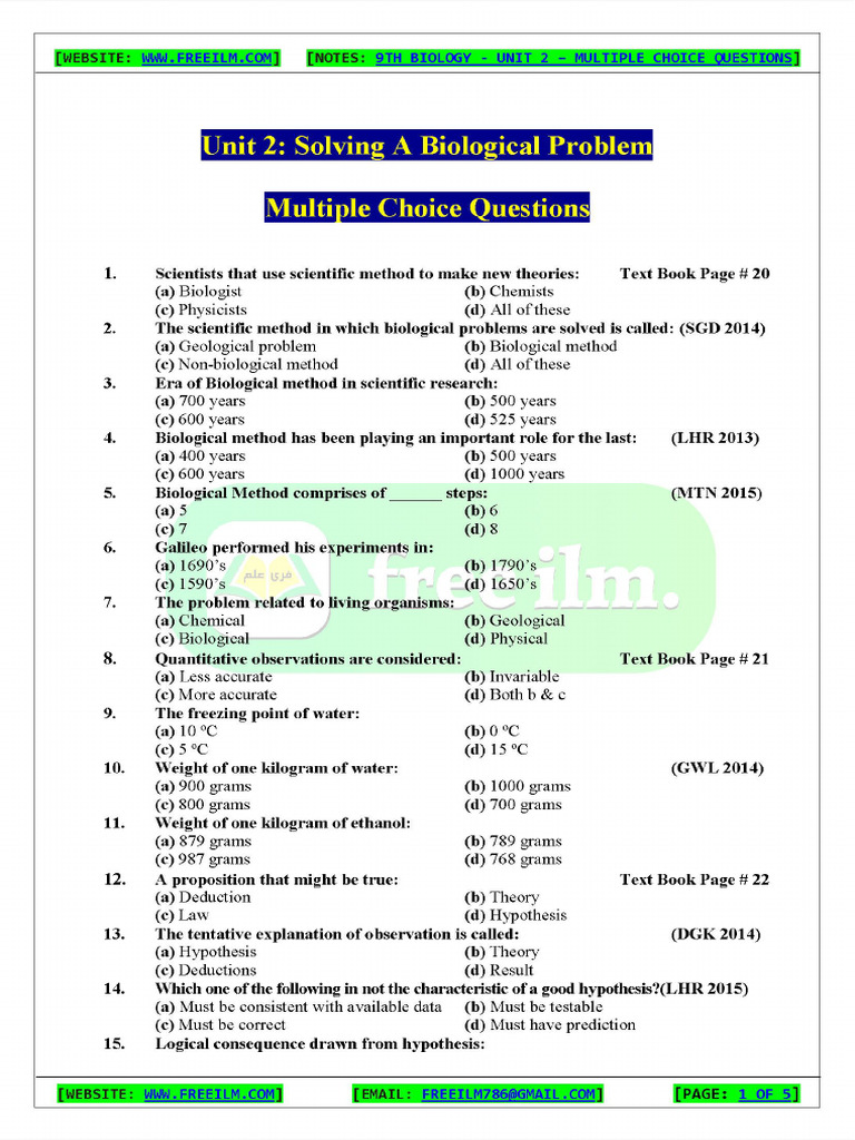 9th Bio Ch2 MCQ's | PDF