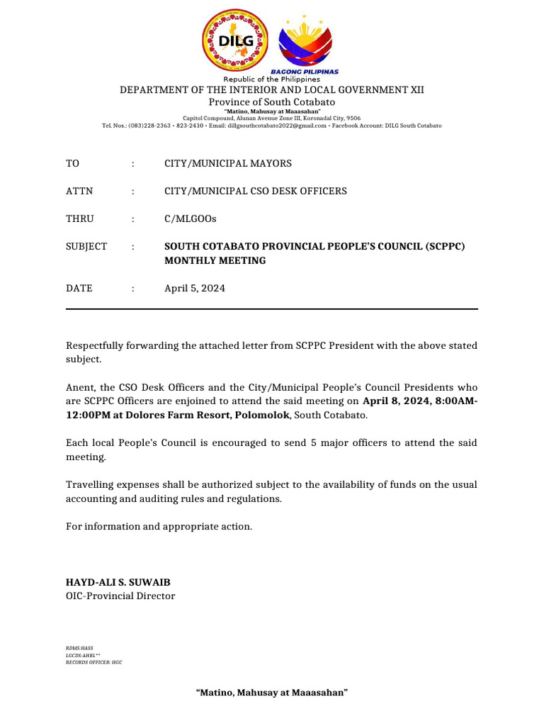 ADVISORY FOR ALL CITY MUNICIPAL MAYORS RE SOUTH COTABATO PROVINCIAL ...