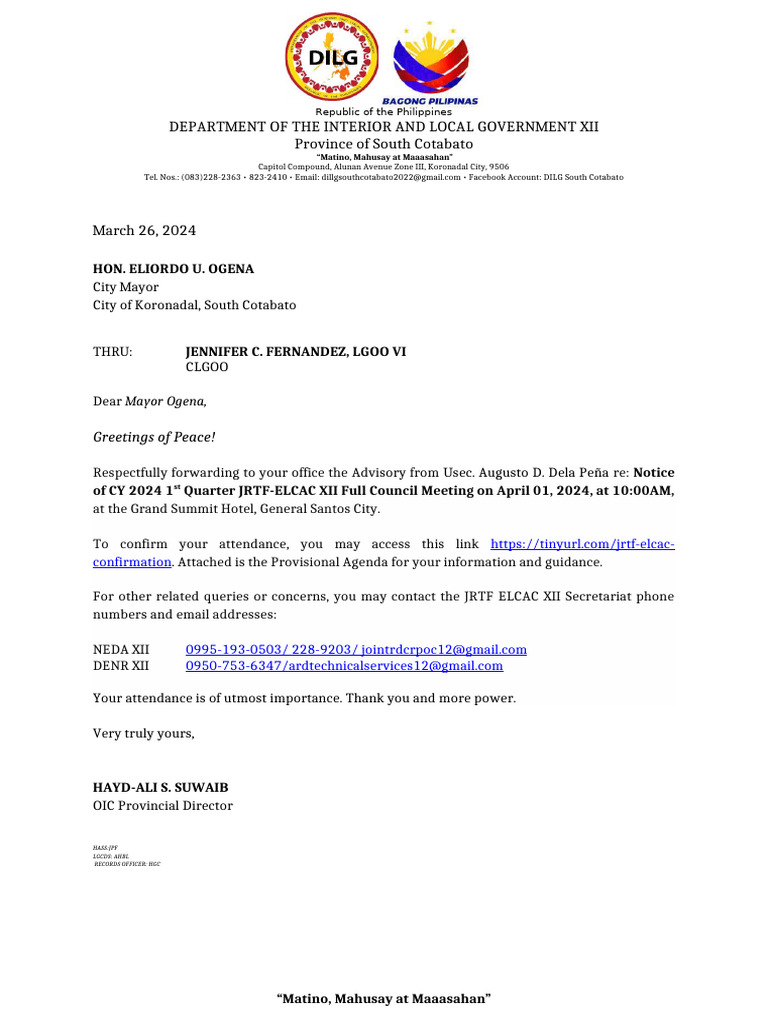 Letter For Mayor Hon. Eliordo U. Ogena of City of Koronadal Re Notice ...