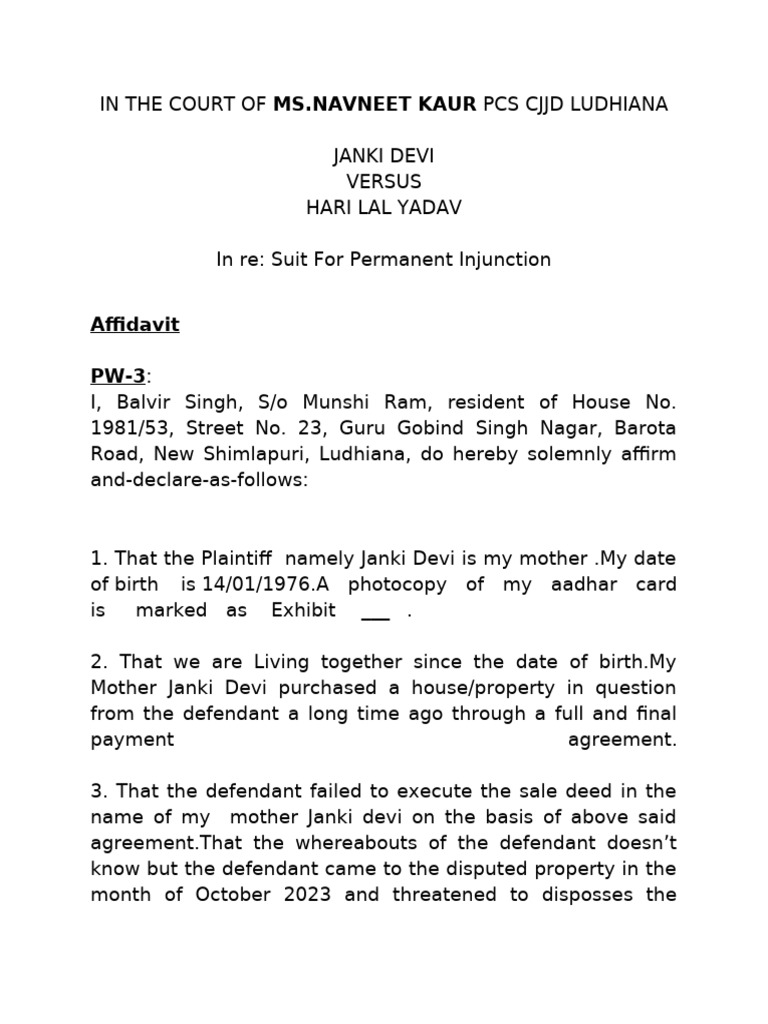 Permanent Injunction Suit Affidavit | PDF