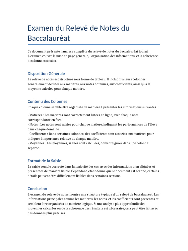 Analyse du Relevé de Notes Bac 2025 | PDF | Méthodes et références ...
