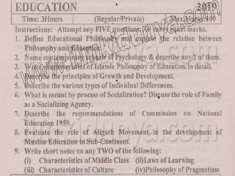 Past Paper 2019 Karachi University B.A Part 2 Education Subjective ...