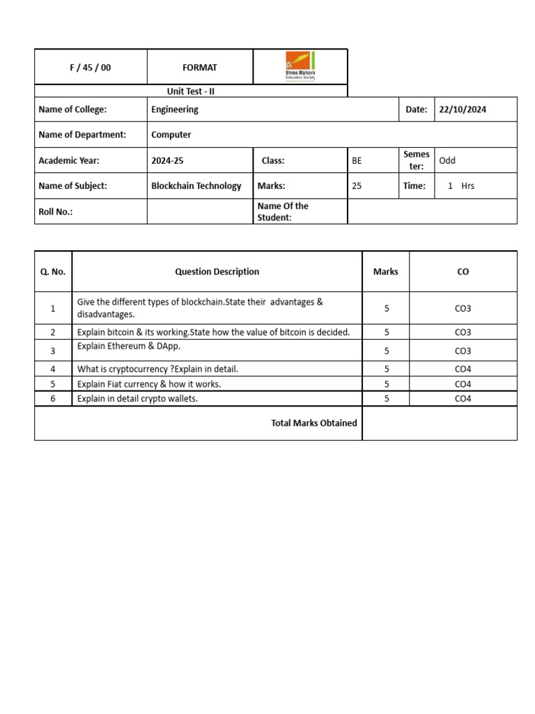 BT Unit Test II Question | PDF