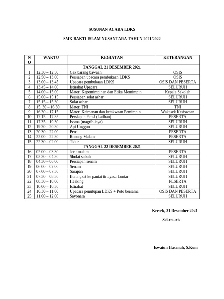 Susunan Acara LDKS | PDF
